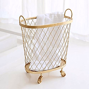 QQXX Fong Rolling Laundry Hamper - Wrought Iron Toy Storage Box Kitchen Storage Basket (Color : Gold)