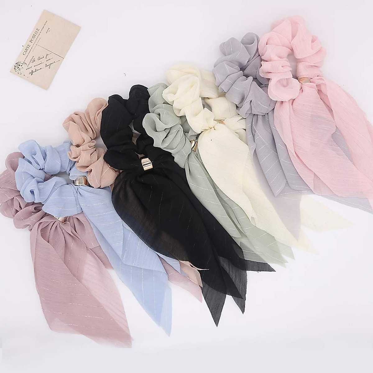 DINPREY Scarf Hair Ties for Women Girls, 8 Pcs Double Layer Bow Scrunchies for Hair Cute Bunny Ear Bow Scrunchies with Assorted Colors