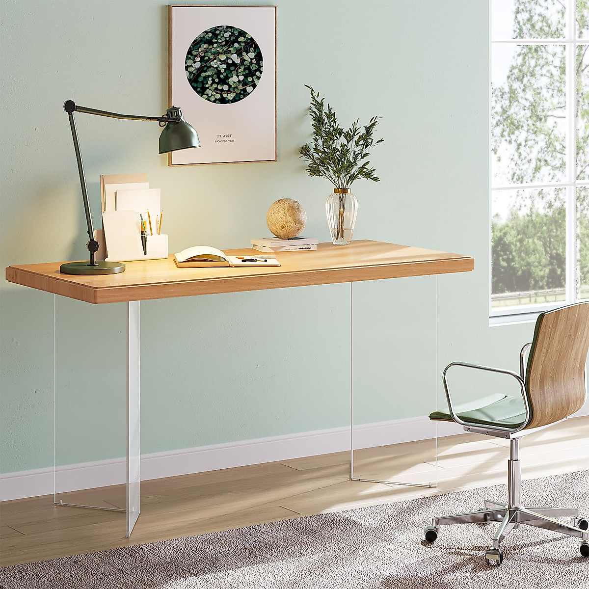 Tribesigns Computer Desk, Modern Home Office Desks, 55 Inch Sturdy Wood Laptop Writing Table, Suspended Island Table with Acrylic Legs, Industrial Simple Study Table Home Office, Natural