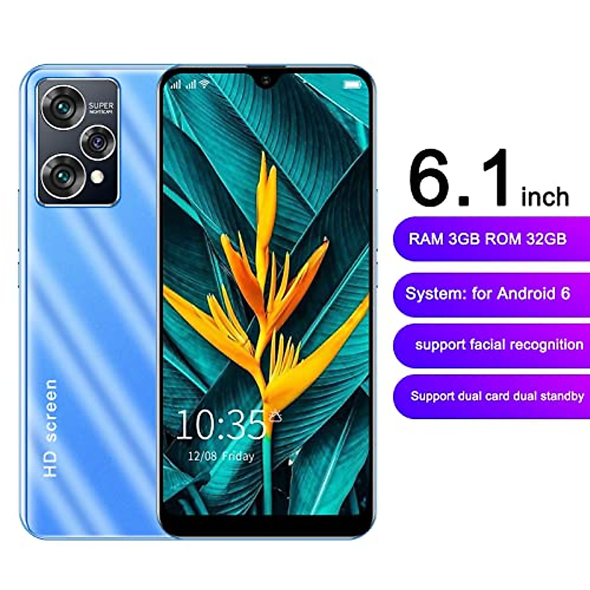 6.1 Inch HD Smartphone Dual SIM Card Mobile Phone, 3G Unlocked Cell Phone Support Face Recognition For 6.0 OS, 3GB 32GB, 6779 10 Core Processor, 5MP 8MP HD Camera, WiFi, FM Radio, 2800mah(Light Blue)