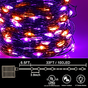 kemooie 2 Pack Total 200 LED Solar Halloween Lights, 8 Twinkle Modes Upgraded Solar Powered Fairy Lights, for Outdoor, Garden, Balcony Party Halloween Decorations (Purple and Orange)