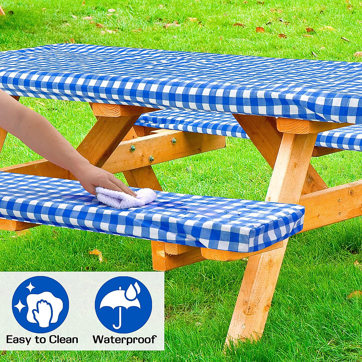 LINPRO 6ft and 8ft Fitted Picnic Table Cover and Bench Covers. These 2 Most Common Sizes Reusable Outdoor Picnic tablecloths with Elastic Will Cover Most Camping Picnic Tables and Folding Tables.