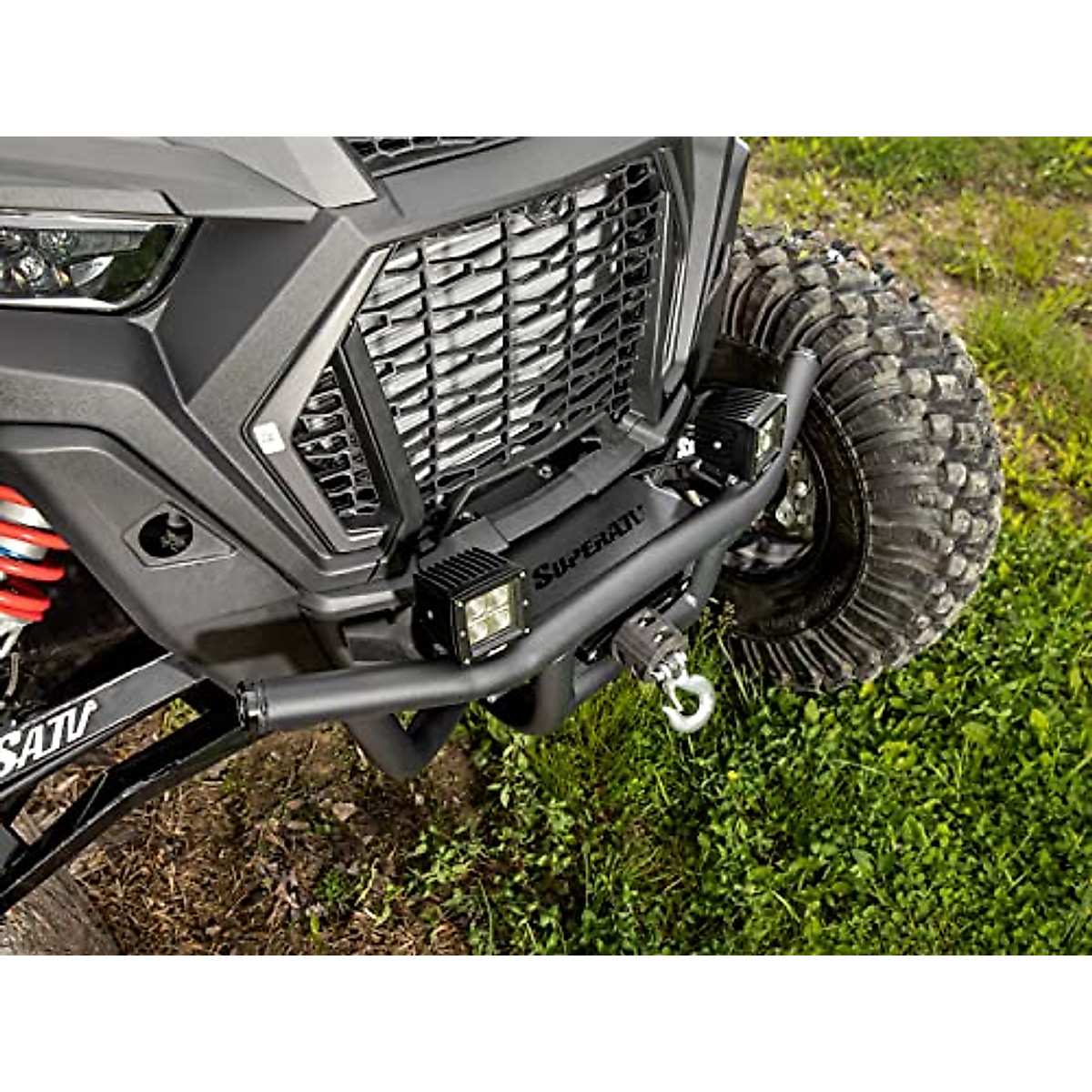 SuperATV Winch-Ready Front Bumper for Polaris RZR XP Turbo S (See Fitment) - Made of Heavy Duty Steel Tubing - 4500 Lb. SuperATV Winch with Synthetic Rope Included - Black, UV Resistant Powder Coating
