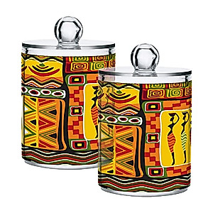 DOMIKING African Design 2 Pack Cotton Swab Holder Dispenser Plastic Jar Bathroom Storage Canister Acrylic Containers for Cotton Ball Cotton Swab Cotton Round Pads