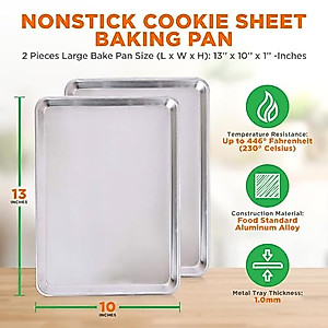 NutriChef Non Stick Baking Sheets, Cookie Pan Aluminum Bakeware, Professional Quality Kitchen Cooking Non-Stick Bake Trays with Silver Coating Inside and Outside, 1 Pair of Pans