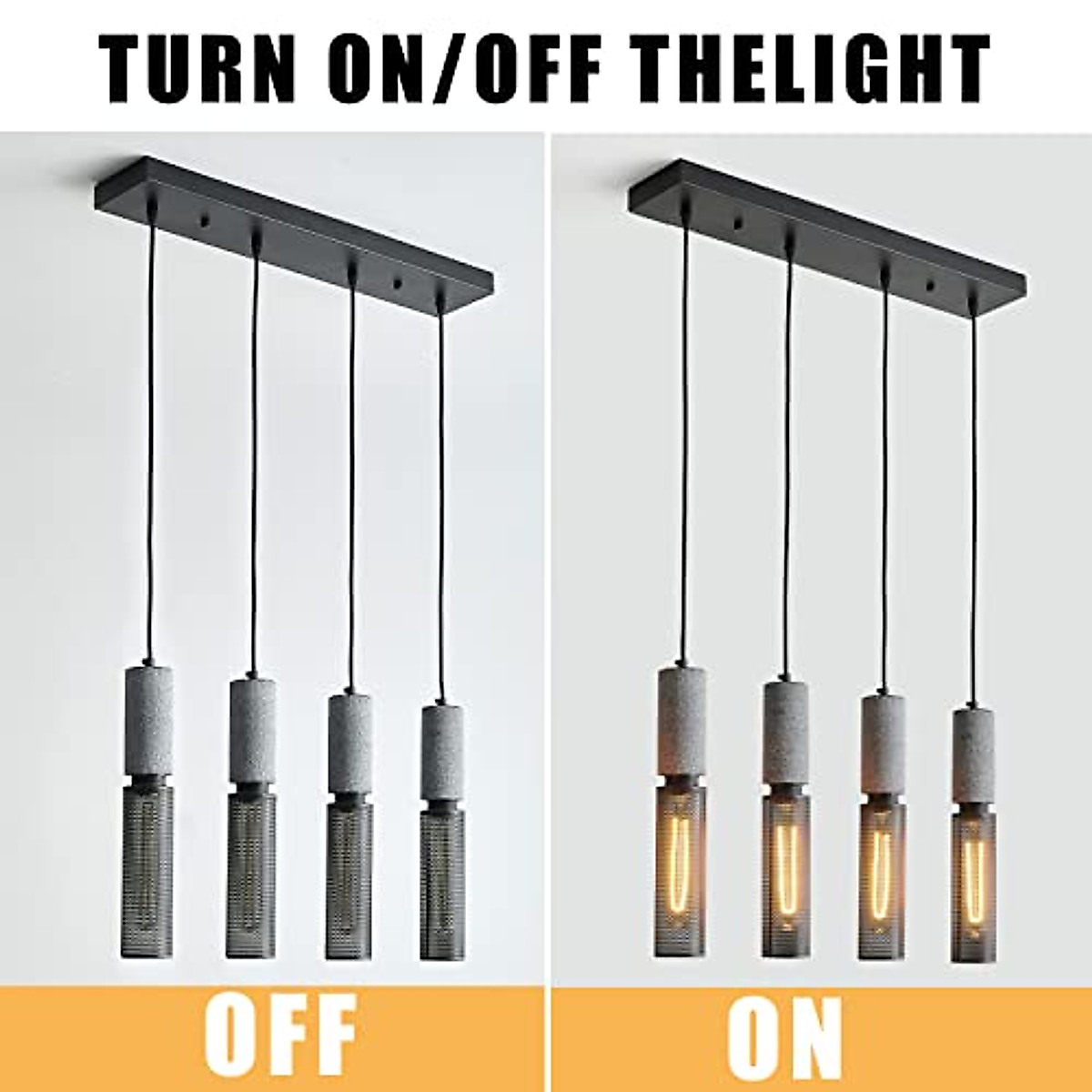 ADCTHOME 4-Light Concrete Linear Pendant Light with a Metal Mesh Shade,Modern Industrial Hanging Cement Pendant Lighting for Kitchen Island Bedroom Living Room Dining Room Light Fixture