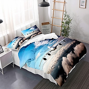Jingzhang Aircraft Duvet Cover Flying Plane Bedding Set for Kids Boys Girls Children Airplane Print Comforter Cover Ultra Soft Decor Bedspread Cover Queen Size
