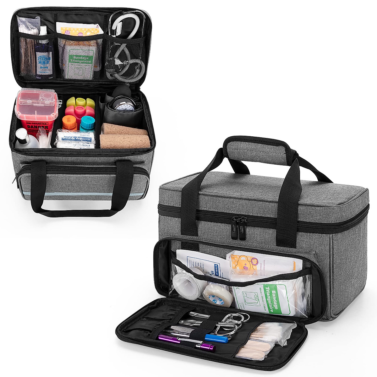 CURMIO Small First Aid Bag Empty, Family First Aid Kit Case, Medicine Storage Organizer Box for Home and Travel, Gray (Patent Pending)