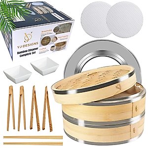 YJ DESIGNS 12 Pcs Stainless Steel Bamboo Steamer Basket Complete Kit- 10 inch (2 Tiers) - Dumpling Steamer Veggie Bamboo basket - Vegetable Food Steamer for Cooking - Rice steamer - Steam Pot Basket