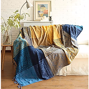 Ujoyen Bohemian Throw Blankets Colorful Chenille Jacquard Tassels Boho Hippie Decorative for Bed Couch Sofa Soft Chair Recliner Loveseat Furniture Cover Blue Yellow-M
