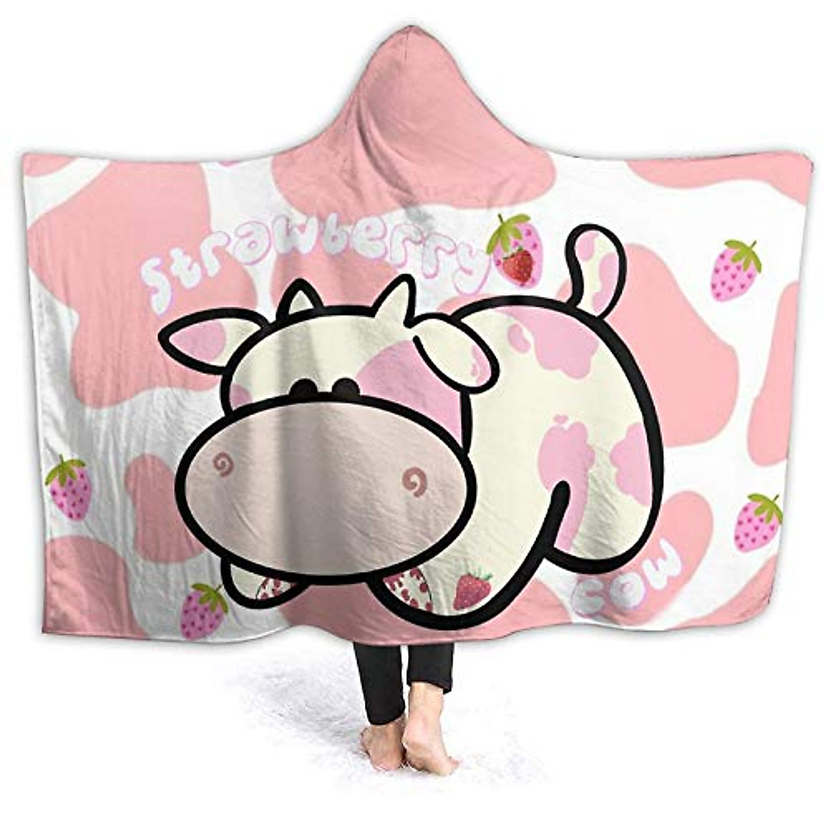 Strawberry Milk Cow Hooded Blanket Ultra Soft Wearable Throw Blanket Coral Fleece Blanket Hoodie Cloak for Sofa Lounge Bed Napping Large 80x60In （Queen） Adults