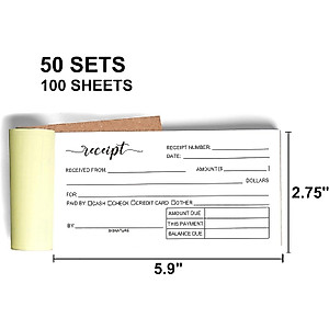 2 Packs 50-Set Receipt Pad, Carbon Duplicate Copy Sales Receipt Form, Invoice Booklet for Stores, Warehouses, Offices, and Restaurants, 6x3 Handheld, 2-Part Carbonless-White/Yellow.