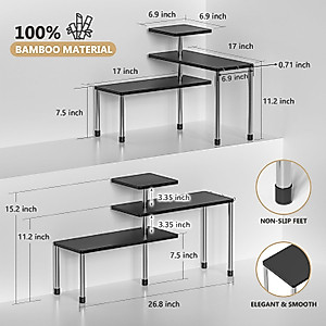 Hellojin Countertop Organizer, 3 Tier Moveable Corner Shelf for Kitchen Counter, Bathroom, Bamboo Spice Rack, Coffee Area, Sink Corner Counter Shelf, Dresser Table with Hooks (Black)