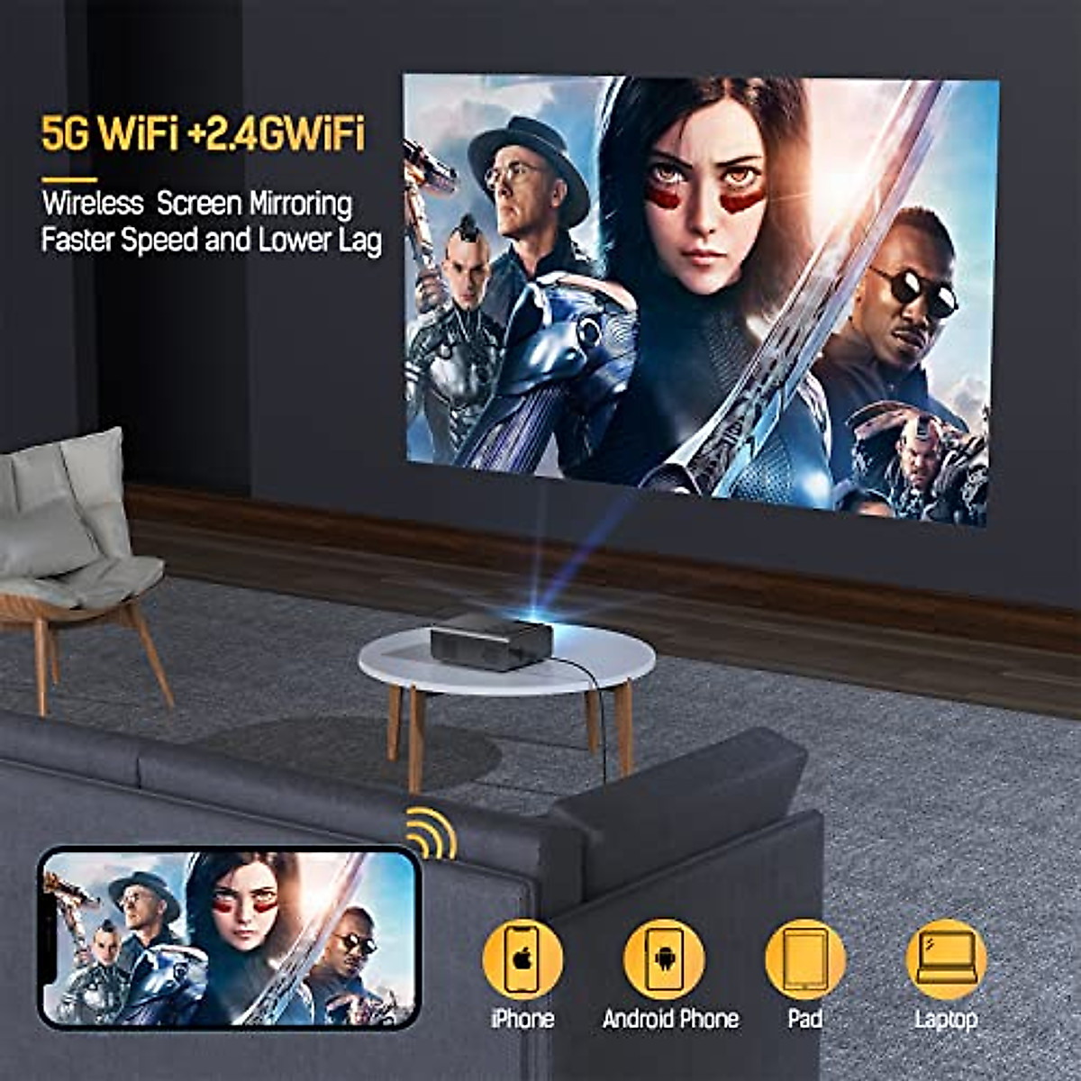 SMONET WiFi Bluetooth Native 1080P Mini Projector 4K Supported 9500L Movie Projector for Ourdoor Use Home Video LED Phone Projector Compatible with Phone TV Stick Laptops PC HDMI VGA USB TF DVD