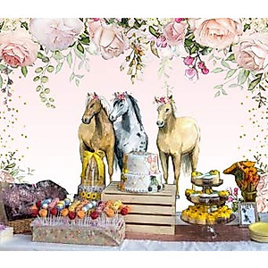 Pink Flower Countryside West Cowboy Cowgirl Horse Theme Photography Backdrop 5x3ft Children Boy or Princess Girl Birthday Photo Background Baby Shower Party Supplies Banner Cake Table Decor Vinyl
