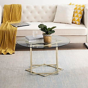 Round Coffee Table Glass Coffee Tables for Living Room Modern Gold Metal Steel Frame & Protective Foot Pads Small Coffee Table for Small Space Home Office Bedroom