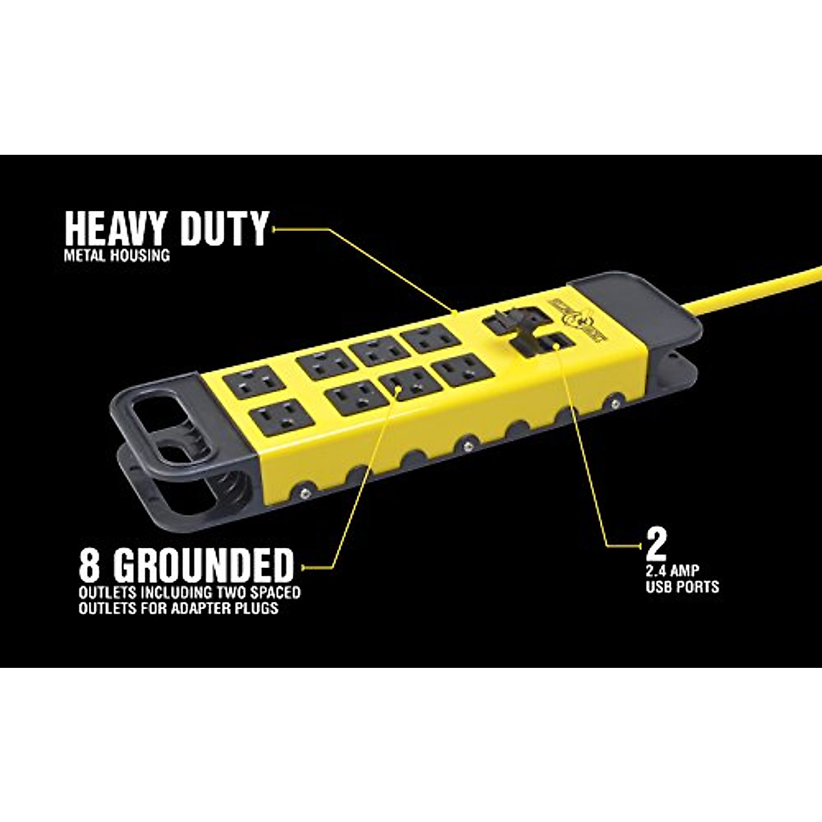 Yellow Jacket 5148 Modern 8-Outlet Metal Power Block with 2 USB Ports; Yellow