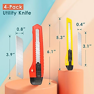 ORIENTOOLS Utility Knife Box Cutter Razor Auto-lock 4-Pack Set, Retractable Box Cutter Snap Off Blades Knife, for Office, Home, Arts, Crafts, Red and Yellow