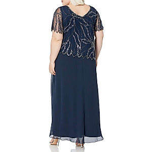 J Kara Women's Plus Size Beaded Short Sleeve Long Gown, Navy/Mercury, 18W