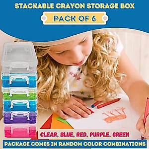 Vlish 6 Clear Crayon Plastic Storage Containers - 6 Pack Classroom School Supplies, Stackable Case Boxes Snap Latch Lids Closure, Arts and Crafts Organizer Bins-1.5x3.5"x4.75" Colors May Vary