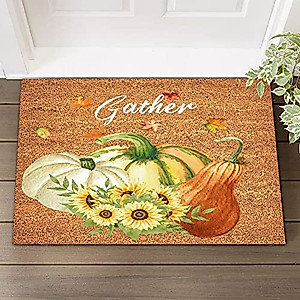 Fall Gather Coir Doormat Weather Resistant Door Mats Outdoor Funny Indoor Outdoor Welcome Front Entrance Doormat Autumn Pumpkin Sunflowers Fall Welcome Mat Front Door Entryway Mats 16x24in