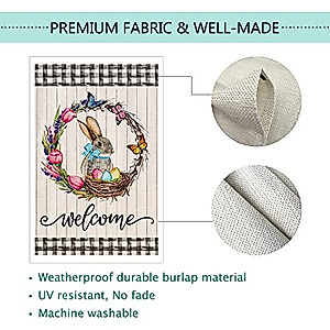 Baccessor Easter Bunny Garden Flag Double Sided Tulip Wreath Welcome Buffalo Plaid Egg Cute Rabbit Yard Flag for Spring Holiday Outdoor Outside Decoration 12.5x18 Inch