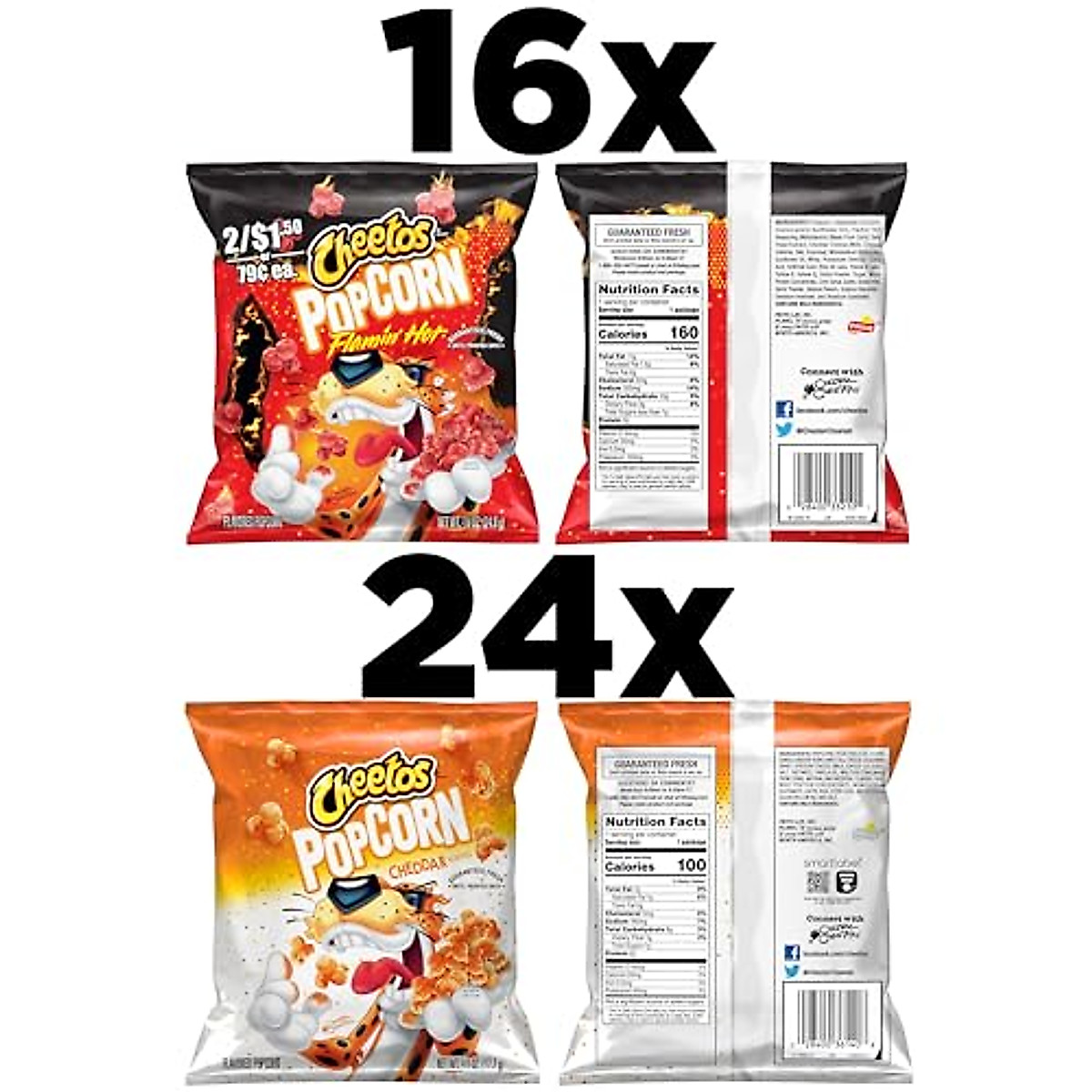 Cheetos Popcorn, Cheddar & Flamin' Hot Variety Pack, 0.625 Ounce (Pack of 40)