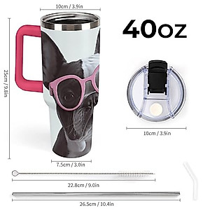 40 Oz Vacuum Tumbler with Light Rose Red Handle Leakproof Insulated Tumbler French Bulldog Pink Glasses Stainless Steel Travel Mug with Lid And Straw Coffee Cup Cute Water Bottles Cup Holder Friendly