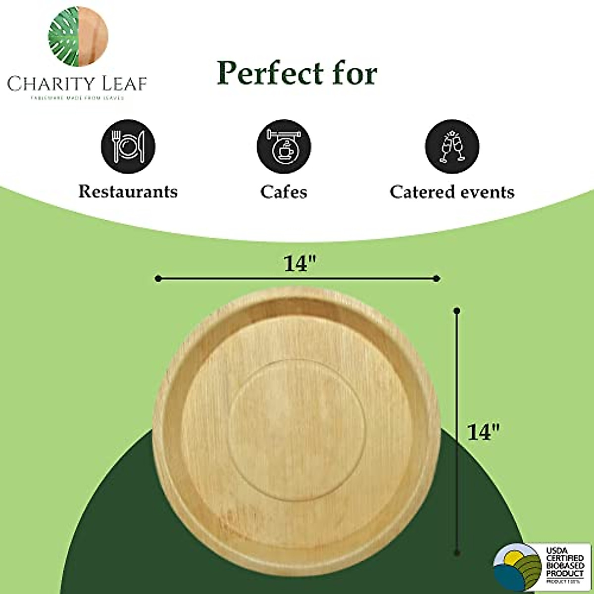 Charity Leaf Disposable Palm Leaf 14" Round Trays (10 pieces) Bamboo Like Serving Platters, Disposable Boards, Eco-Friendly Dinnerware For Weddings, Catering, Events