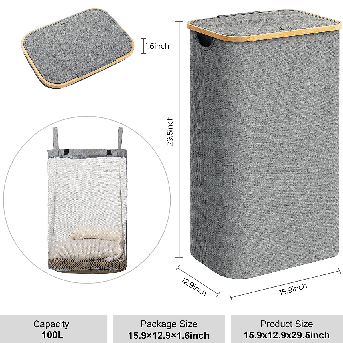 Famyards Laundry Hamper with Lid, 100L Large Laundry Basket with Bamboo Handles and Removable Inner Bag, Collapsible Dirty Clothes Hamper Laundry Bin for Bathroom, Bedroom, Dorm Laundry Room(Grey)