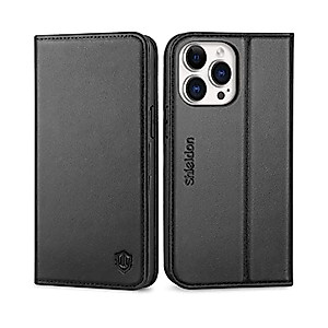 SHIELDON Case for iPhone 14 Pro Max 5G 6.7", Genuine Leather iPhone 14 Pro Max Wallet Case Flip Cover RFID Blocking Card Slots Magnetic Closure Case Compatible with iPhone 14 Pro Max 2022 - Black