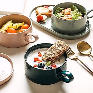 Ceramic Breakfast Bowls Set for Oatmeal, Bread, Soup Bowl and Sandwich Plate, French Onion Soup with Handle, Oven Safe (Color : Dark Green)