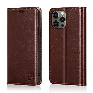 Belemay iPhone 12/12 Pro Wallet Case - Genuine Leather, RFID Blocking, Card Holder, TPU Shell, Kickstand, Brown