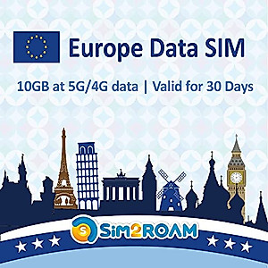 SIM2ROAM Europe Data SIM Card Prepaid 10GB 30 Days | 5G/4G/LTD High Speed Data - France, UK, Germany, Italy, Spain, Ireland, Sweden, Europe Roaming Free (10GB / 30Days)