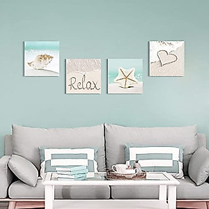 Coastal Seashell Picture Wall Art - Beach Themed Canvas Print Relaxing Seascape Artwork Contemporary Calming Seaside Starfish Conch Nature Photography Summer Blue Sea Ocean Scenery Painting for Bathroom Bedroom Office