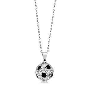 Gem Stone King 925 Sterling Silver Soccer Ball Pendant Necklace with Shimmering White Zirconia Stones | 1.30 Cttw | 1/2 Inch | A Stunning Gift for Soccer Fans and Athletes! | With 18 Inch Silver Chain