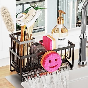 Sponge Holder for Kitchen Sink,Smiley Face Sink Caddy with Removable Brush Holder,Self-Draining Sponge Caddy for Sponge,Soap,Dish Brush,Scrubber,Kitchen Essentials and Gadgets