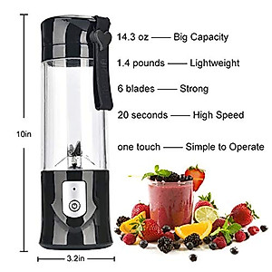 Portable Blender, Mini USB Blender for Shakes and Smoothies, 13.5 Oz Juicer Cup Rechargeable Type-C Personal Blender with Ultra Sharp Six Blades, Multifunctional and BPA Free Blender Bottle–Ideal for Traveling, Gym, Office-Black