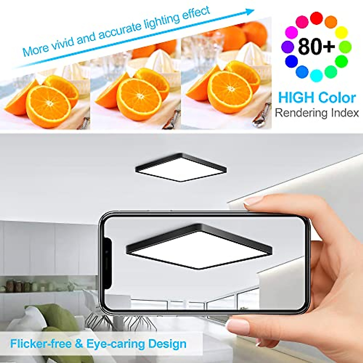 LED Flush Mount Ceiling Light Fixture, 12 Inch 24W, Daylight White 5000K Square Ceiling Light, 3200LM Black Flush Ceiling Lamp, Flat Slim Ceiling Light Fixture for Kitchen Bedroom Stairwell Hallway