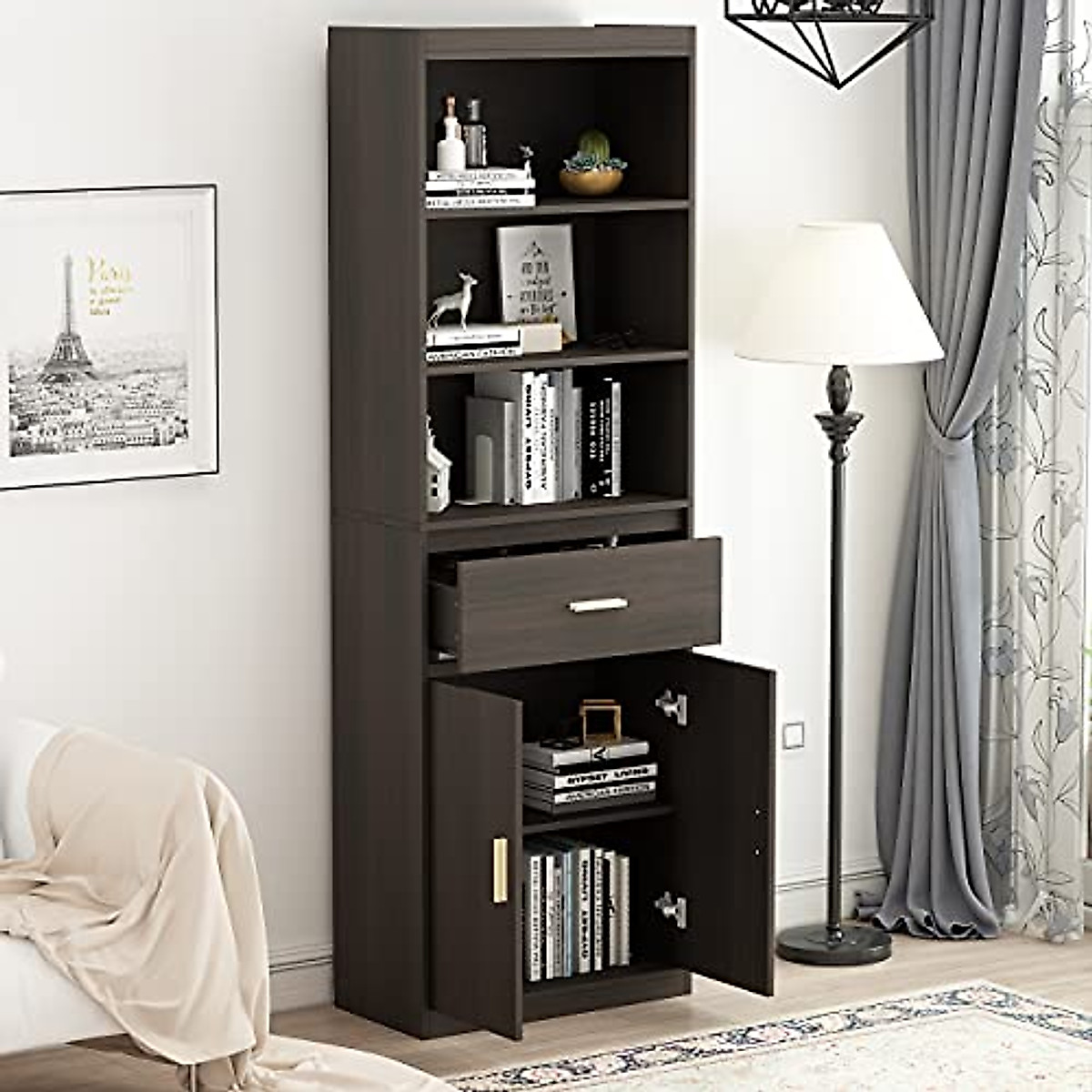 FUFU&GAGA Modern Bookcase Storage Cabinet, Tall Storage Wooden Bookshelf with 3 Tiers Shelf, 2 Doors & 1 Drawer for Home Office, Bedroom, Living Room, 23.6" W x 11.8" D x 70.8" H, Black-Brown