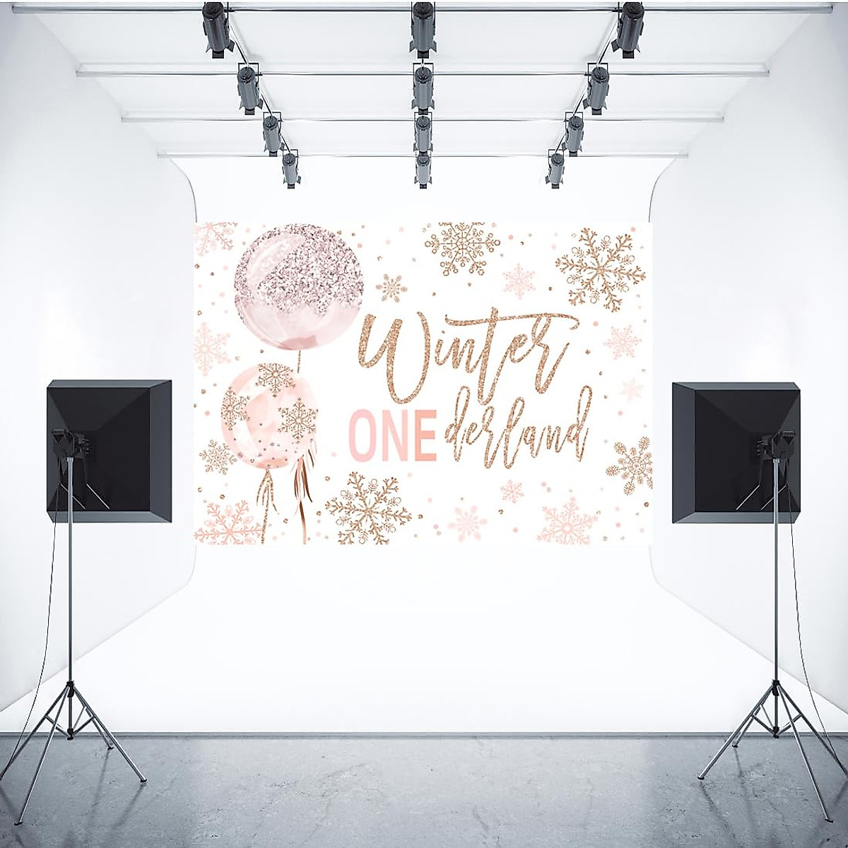 Aperturee 7x5ft Blush Pink Winter Onederland Theme Backdrop Girl One Years Old Birthday Party Christmas Snowflake Snow Landscape Photography Background Bokeh Glitter Balloon Banner Decor Photo Booth