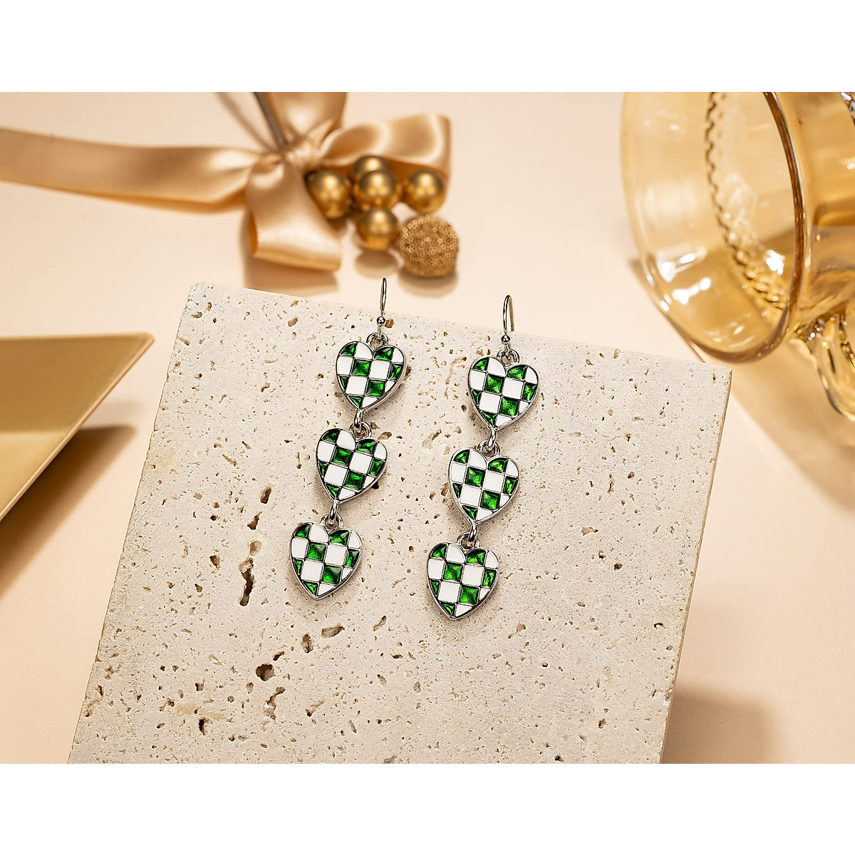 St Patricks day Decorations Green Interlocking Heart Earrings for Women, Good Luck Irish Party Jewelry