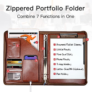 Zippered Portfolio Organizer, WRIYES Leather Padfolio with 3 Ring Binder, Professional Business Binder, Organizer for IPad/Document, Phone & Business Cards, Office Gifts for Men or Women (Brown)