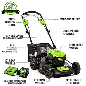 Greenworks 40V Brushless Self-Propelled Lawn Mower, 21-Inch Electric Lawn Mower, 5.0Ah Battery and Charger Included