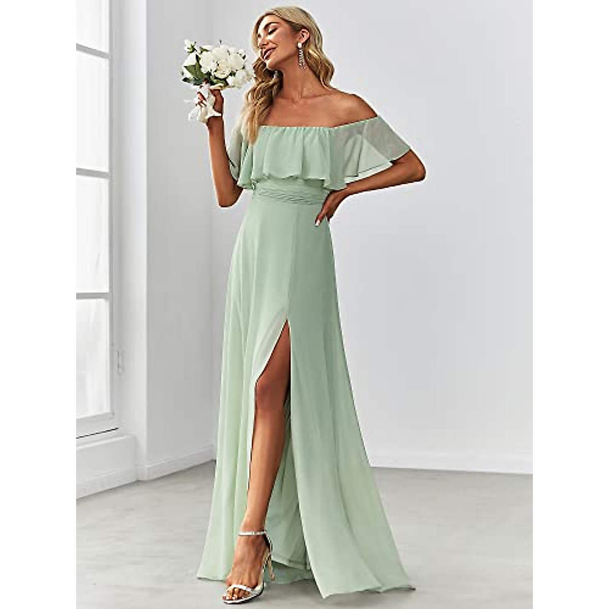 Ever-Pretty Womens Ruffle Sleeves Plus Size Sparkle Tulle Summer Wedding Guest Dress Mint Green US16
