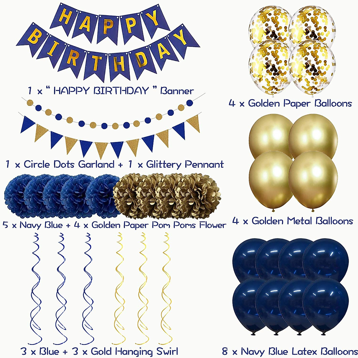 Navy Blue Gold Birthday Decorations, Birthday Party Supplies for Men Women Boys Girls with HAPPY BIRTHDAY Banner, Tissue Paper Flowers Pom Pom, Pennant and Circle Dot String, Latex Confetti Balloons