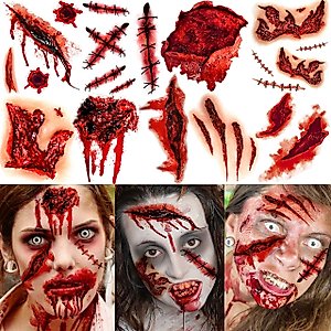 FANRUI 8 Sheets Halloween Fake Scar Tattoos For Women Men Adults Kids, Fake Wound Realistic Blood Injury Cut Scratches Stitches Temporary Tattoos Stickers Chucky Makeup Kit, Scary Face Zombie Makeup Prank Masquerade Accessories