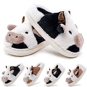 sharllen Fuzzy Cow Slippers for Kids Cute Fluffy Cow Kids House Slippers Toddler Girls Boys Animal Cartoon House Shoes for Indoor Outdoor