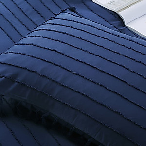 Vaulia Soft Microfiber Textured Duvet Cover Set with Tassels Design, Boho Chic Embroidery Striped Pattern Dark Blue, Queen Size 3-Piece Set (1 Duvet Cover 2 Pillow Shams)