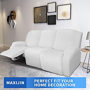 MAXIJIN 8 Pieces Recliner Sofa Covers, Stretch Velvet Reclining Couch Covers for 3 Cushion Furniture Covers, Thick, Soft, Washable Reclining Sofa Slipcovers (Sofa Recliner, White)